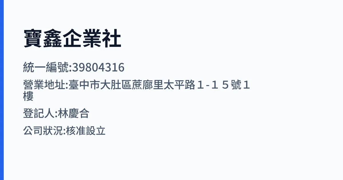 寶鑫企業社 - 統編 39804316(臺中市) 公司登記資料與營業項目詳細圖表