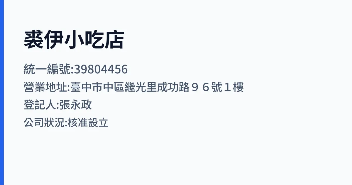 裘伊小吃店 - 統編 39804456(臺中市) 公司登記資料與營業項目詳細圖表