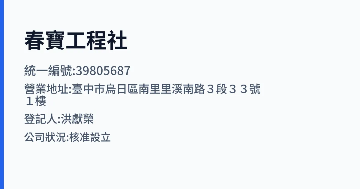 春寶工程社 - 統編 39805687(臺中市) 公司登記資料與營業項目詳細圖表