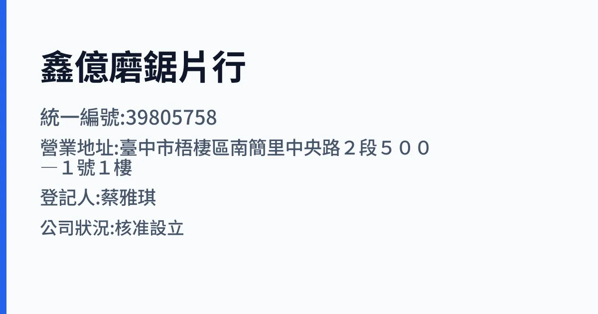 鑫億磨鋸片行 - 統編 39805758(臺中市) 公司登記資料與營業項目詳細圖表