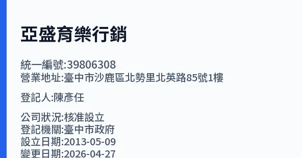 亞盛育樂行銷的照片-統編 39806308(臺中市) 公司登記資料與營業項目詳細圖表