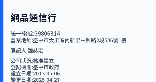網品通信行的照片-統編 39806314(臺中市) 公司登記資料與營業項目詳細圖表