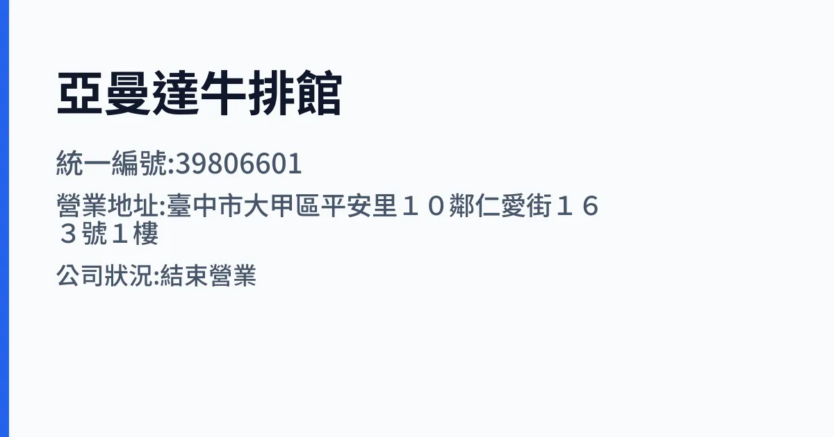 亞曼達牛排館 - 統編 39806601(臺中市) 公司登記資料與營業項目詳細圖表