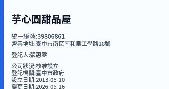芋心圓甜品屋的照片-統編 39806861(臺中市) 公司登記資料與營業項目詳細圖表