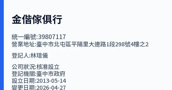 金偕傢俱行的照片-統編 39807117(臺中市) 公司登記資料與營業項目詳細圖表
