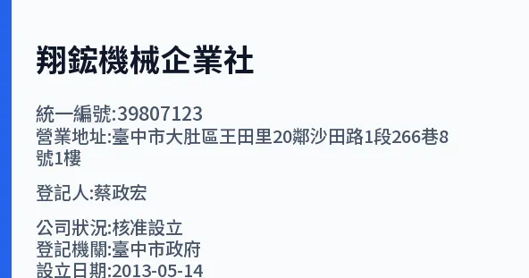 翔鋐機械企業社的照片-統編 39807123(臺中市) 公司登記資料與營業項目詳細圖表