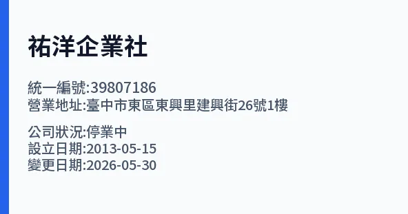 祐洋企業社的照片-統編 39807186(臺中市) 公司登記資料與營業項目詳細圖表