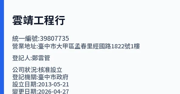 雲靖工程行的照片-統編 39807735(臺中市) 公司登記資料與營業項目詳細圖表