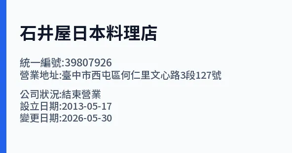 石井屋日本料理店的照片-統編 39807926(臺中市) 公司登記資料與營業項目詳細圖表