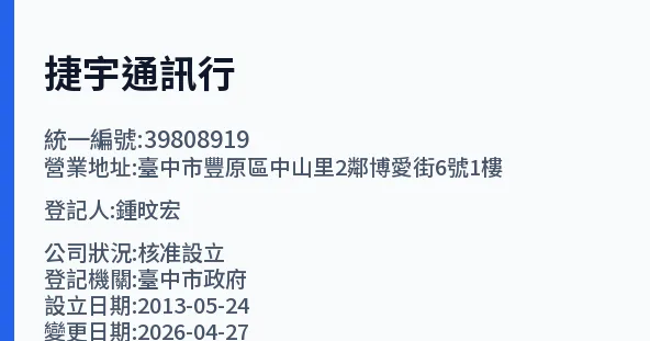 捷宇通訊行的照片-統編 39808919(臺中市) 公司登記資料與營業項目詳細圖表