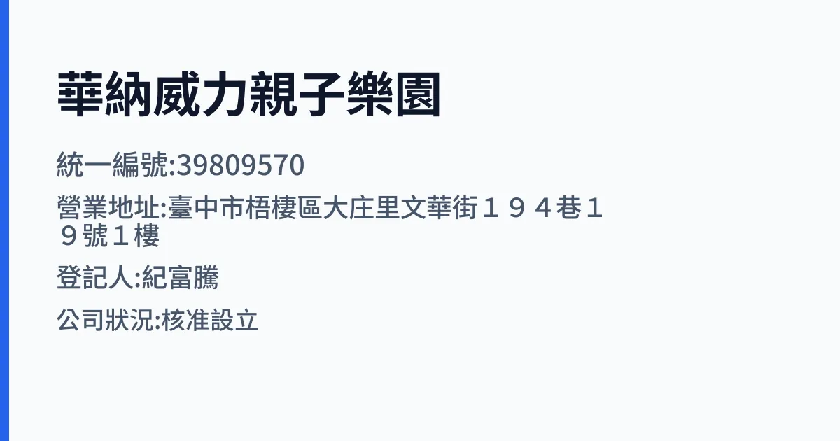 華納威力親子樂園 - 統編 39809570(臺中市) 公司登記資料與營業項目詳細圖表