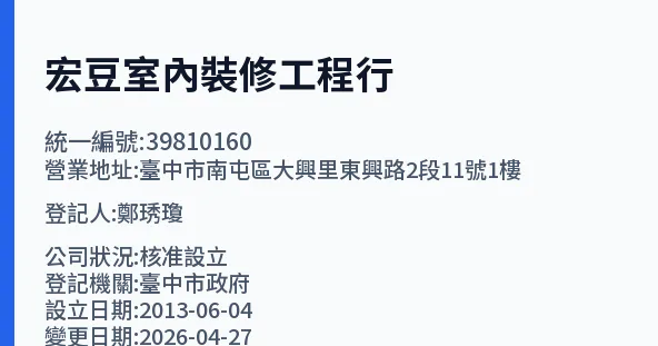 宏豆室內裝修工程行的照片-統編 39810160(臺中市) 公司登記資料與營業項目詳細圖表