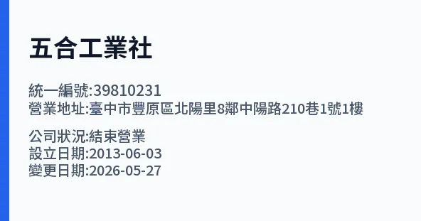 五合工業社的照片-統編 39810231(臺中市) 公司登記資料與營業項目詳細圖表