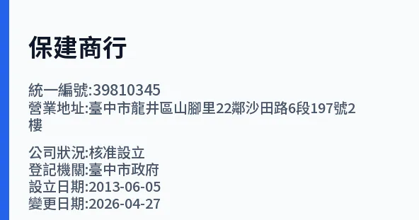 保建商行的照片-統編 39810345(臺中市) 公司登記資料與營業項目詳細圖表