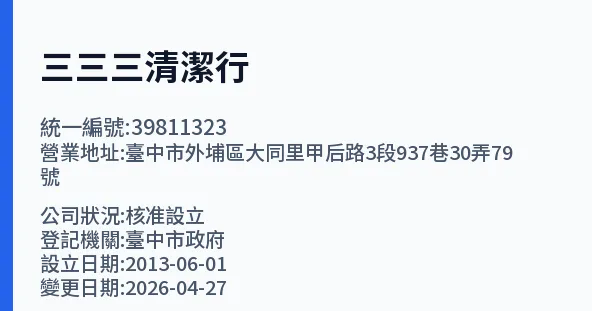 三三三清潔行的照片-統編 39811323(臺中市) 公司登記資料與營業項目詳細圖表
