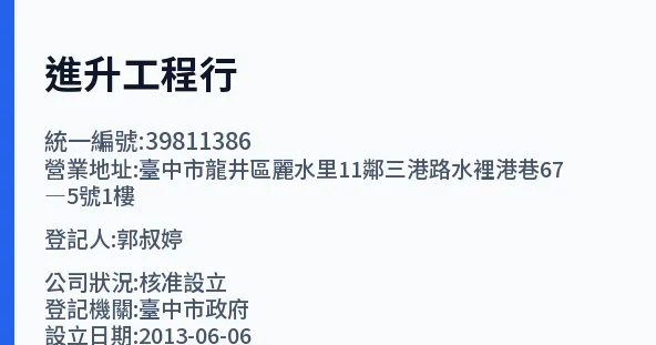 進升工程行的照片-統編 39811386(臺中市) 公司登記資料與營業項目詳細圖表
