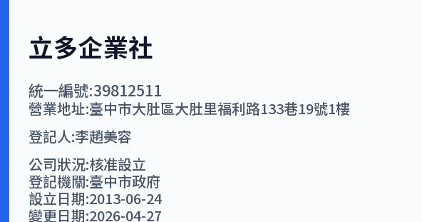 立多企業社的照片-統編 39812511(臺中市) 公司登記資料與營業項目詳細圖表