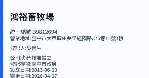 鴻裕畜牧場的照片-統編 39812694(臺中市) 公司登記資料與營業項目詳細圖表