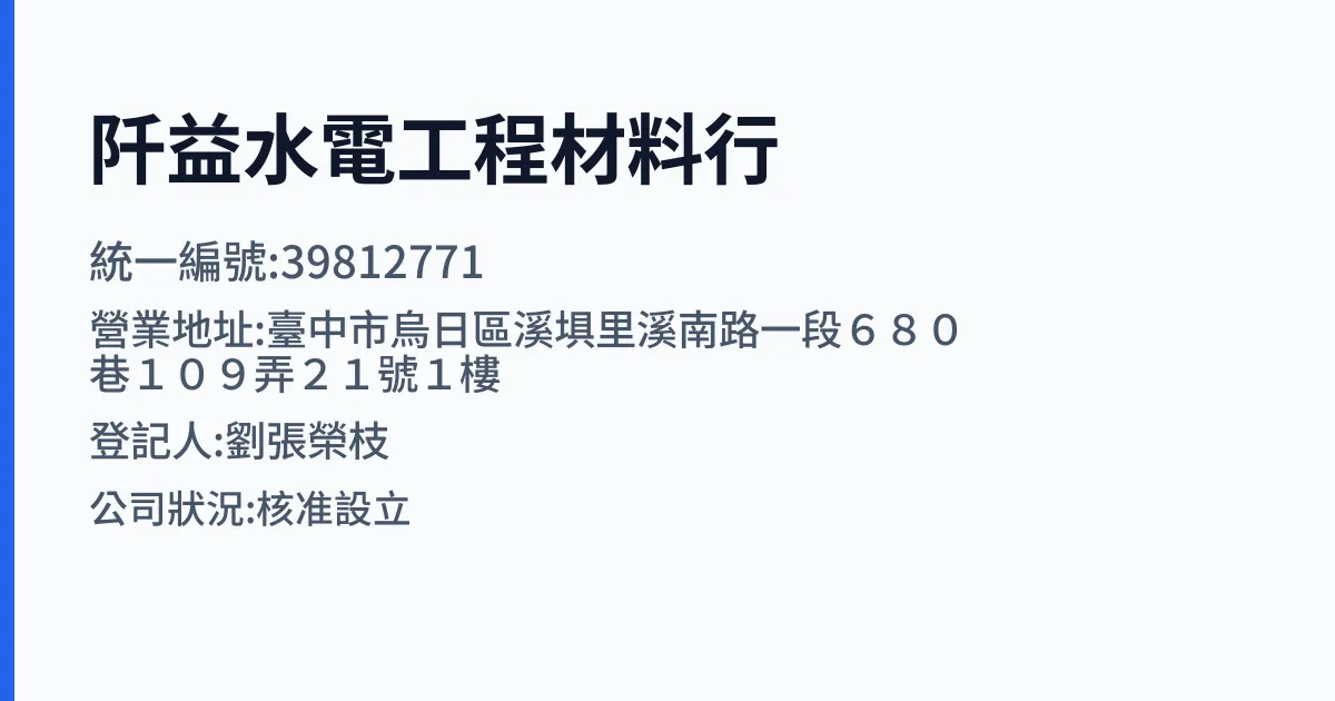 阡益水電工程材料行 - 統編 39812771(臺中市) 公司登記資料與營業項目詳細圖表