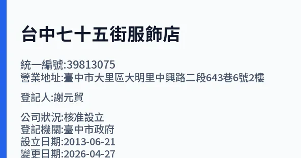 台中七十五街服飾店的照片-統編 39813075(臺中市) 公司登記資料與營業項目詳細圖表
