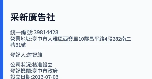 采新廣告社的照片-統編 39814428(臺中市) 公司登記資料與營業項目詳細圖表