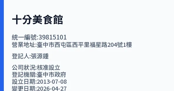 十分美食館的照片-統編 39815101(臺中市) 公司登記資料與營業項目詳細圖表