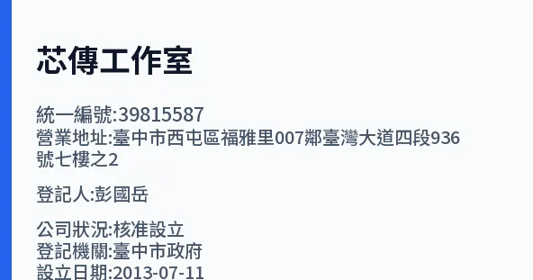 芯傳工作室的照片-統編 39815587(臺中市) 公司登記資料與營業項目詳細圖表