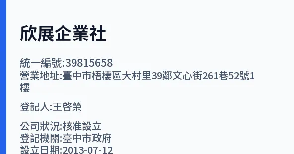 欣展企業社的照片-統編 39815658(臺中市) 公司登記資料與營業項目詳細圖表