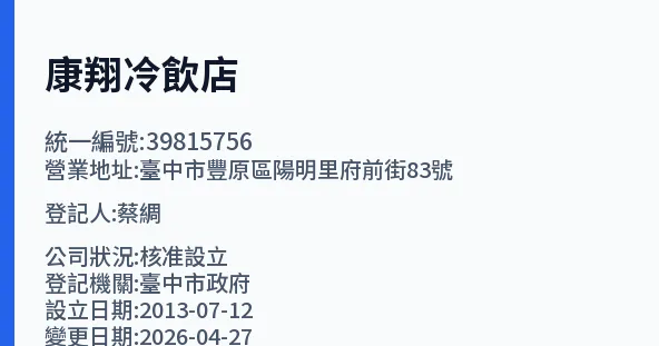 康翔冷飲店的照片-統編 39815756(臺中市) 公司登記資料與營業項目詳細圖表