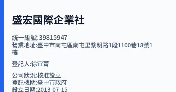 盛宏國際企業社的照片-統編 39815947(臺中市) 公司登記資料與營業項目詳細圖表