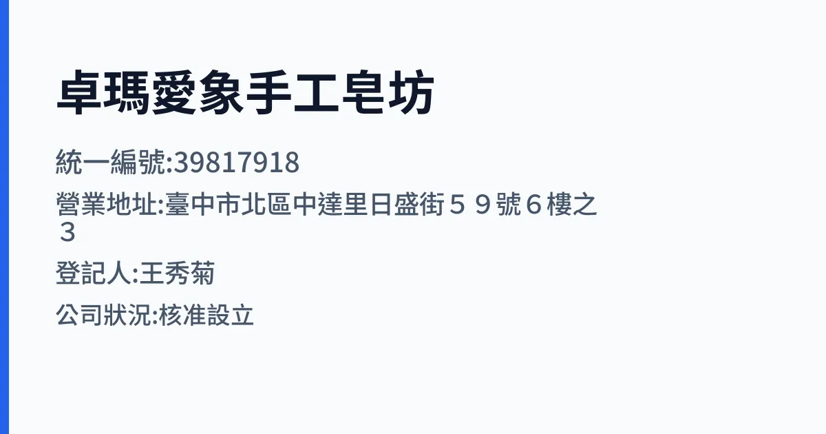 卓瑪愛象手工皂坊 - 統編 39817918(臺中市) 公司登記資料與營業項目詳細圖表