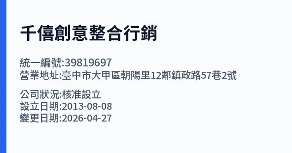 千僖創意整合行銷的照片-統編 39819697(臺中市) 公司登記資料與營業項目詳細圖表