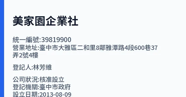 美家園企業社的照片-統編 39819900(臺中市) 公司登記資料與營業項目詳細圖表