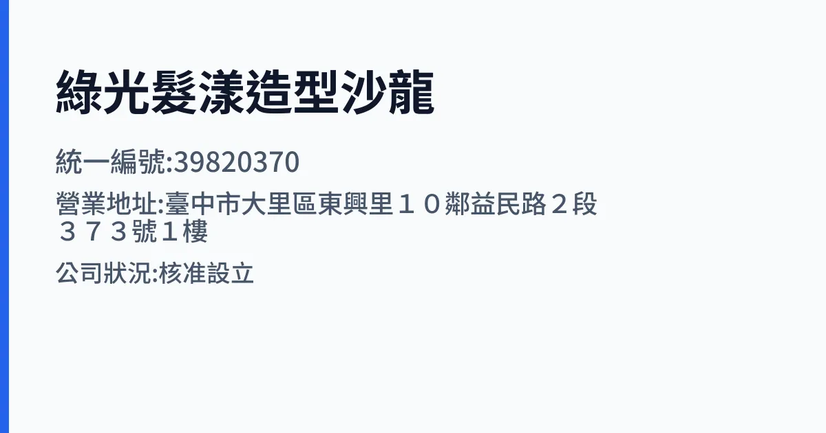 綠光髮漾造型沙龍 - 統編 39820370(臺中市) 公司登記資料與營業項目詳細圖表