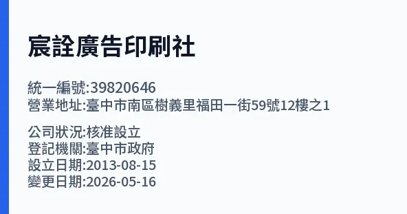 宸詮廣告印刷社的照片-統編 39820646(臺中市) 公司登記資料與營業項目詳細圖表