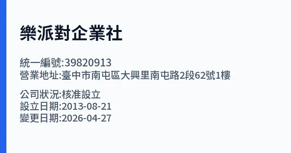 樂派對企業社的照片-統編 39820913(臺中市) 公司登記資料與營業項目詳細圖表
