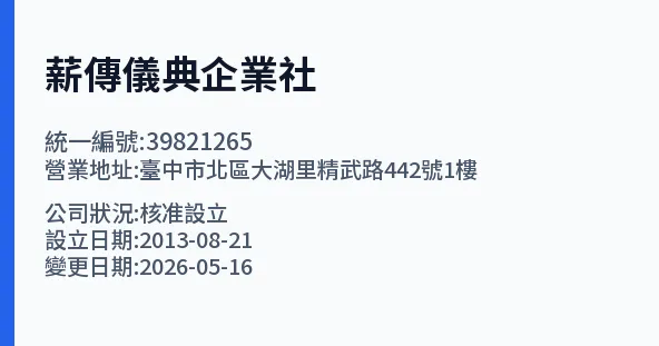 薪傳儀典企業社的照片-統編 39821265(臺中市) 公司登記資料與營業項目詳細圖表