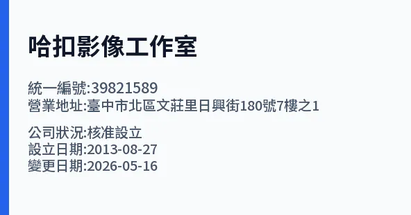 哈扣影像工作室的照片-統編 39821589(臺中市) 公司登記資料與營業項目詳細圖表