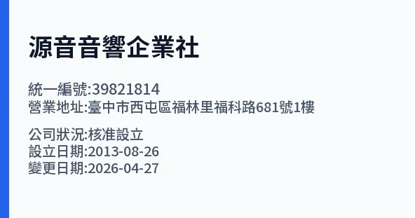 源音音響企業社的照片-統編 39821814(臺中市) 公司登記資料與營業項目詳細圖表