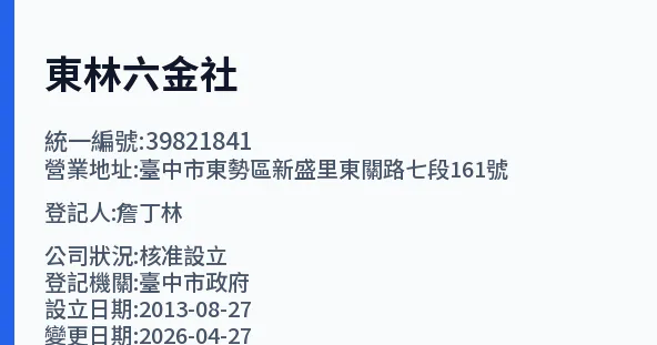 東林六金社的照片-統編 39821841(臺中市) 公司登記資料與營業項目詳細圖表