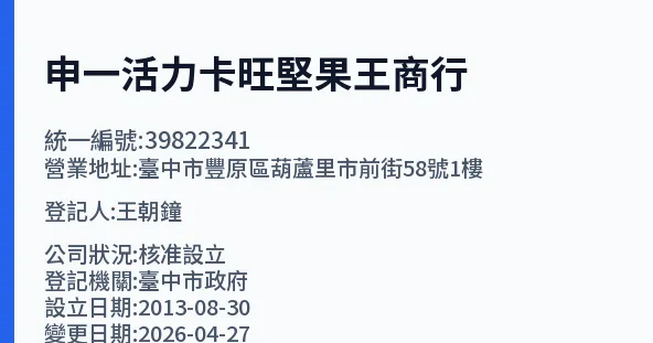 申一活力卡旺堅果王商行的照片-統編 39822341(臺中市) 公司登記資料與營業項目詳細圖表