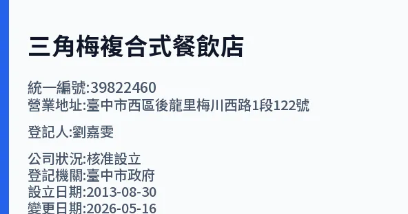 三角梅複合式餐飲店的照片-統編 39822460(臺中市) 公司登記資料與營業項目詳細圖表