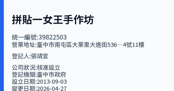 拼貼一女王手作坊的照片-統編 39822503(臺中市) 公司登記資料與營業項目詳細圖表