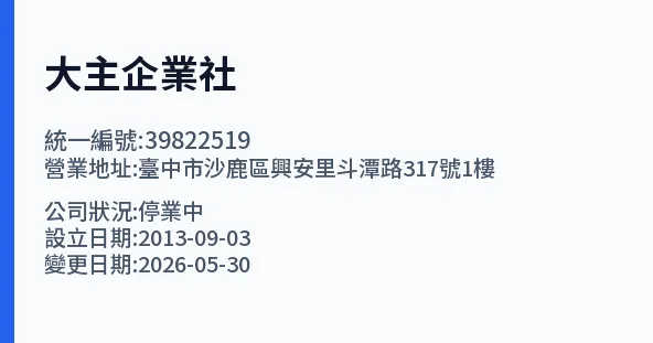 大主企業社的照片-統編 39822519(臺中市) 公司登記資料與營業項目詳細圖表