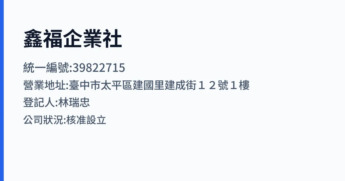 鑫福企業社 - 統編 39822715(臺中市) 公司登記資料與營業項目詳細圖表