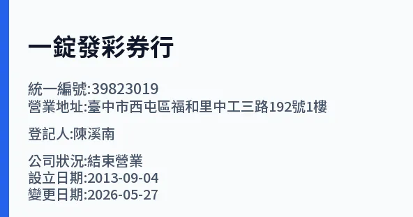 一錠發彩券行的照片-統編 39823019(臺中市) 公司登記資料與營業項目詳細圖表