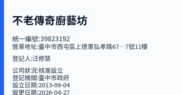 不老傳奇廚藝坊的照片-統編 39823192(臺中市) 公司登記資料與營業項目詳細圖表