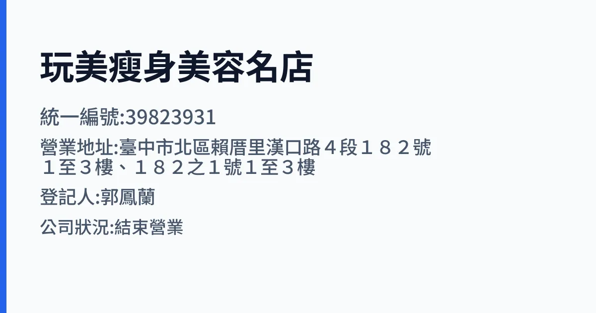 玩美瘦身美容名店 - 統編 39823931(臺中市) 公司登記資料與營業項目詳細圖表