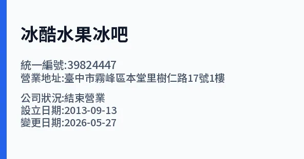冰酷水果冰吧的照片-統編 39824447(臺中市) 公司登記資料與營業項目詳細圖表