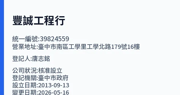 豐誠工程行的照片-統編 39824559(臺中市) 公司登記資料與營業項目詳細圖表
